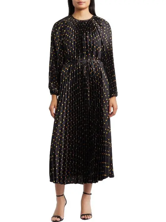 Julia Jordan Pleated Metallic Polka Dot Long Sleeve Dress - Black Gold
