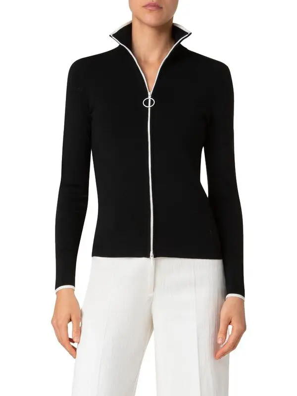 Akris Stretch Virgin Wool Zip Cardigan - Black-cream