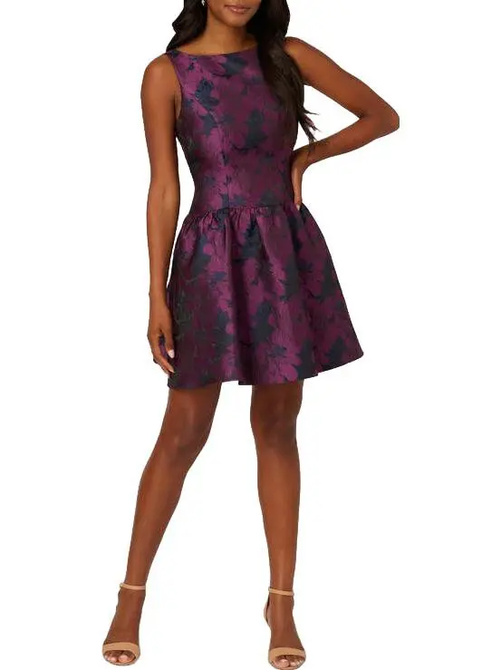 Adrianna Papell Sleeveless Floral Jacquard Drop Waist Cocktail Dress - Navy/plum