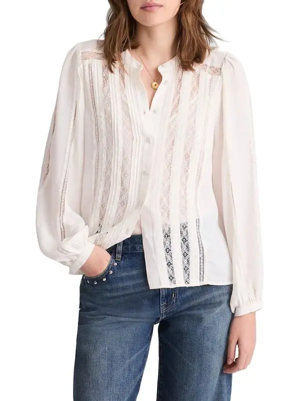 Madewell Lace Inset Long Sleeve Button-up Top - Winter White