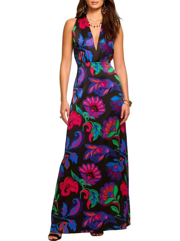 Ramy Brook Floral Print Sleeveless Gown - Black Multi Floral