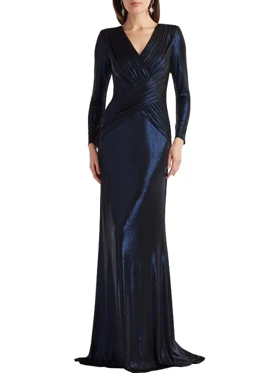 Tadashi Shoji Metallic Surplice V-neck Gown - Royal Navy
