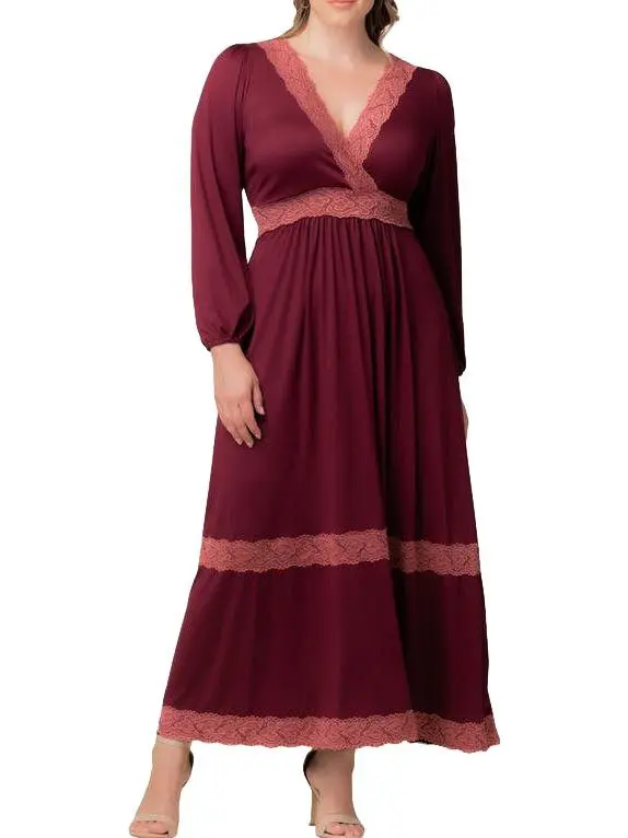 KIYONNA Lara Lace Trim Long Sleeve Maxi Dress - Burgundy/mauve
