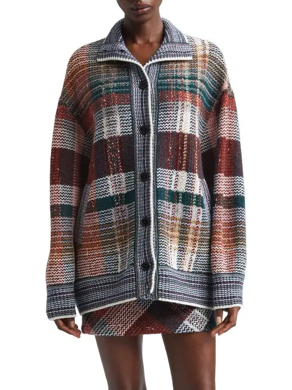 Missoni Oversized Check Wool Blend Cardigan - Green And Red Tones