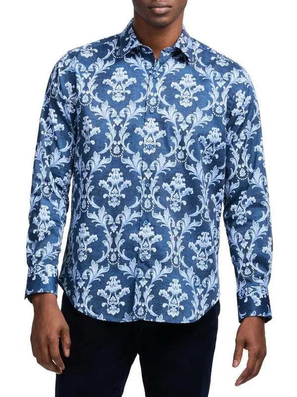 Robert Graham Neville Blue Damask Print Stretch Cotton Button-up Shirt - Navy