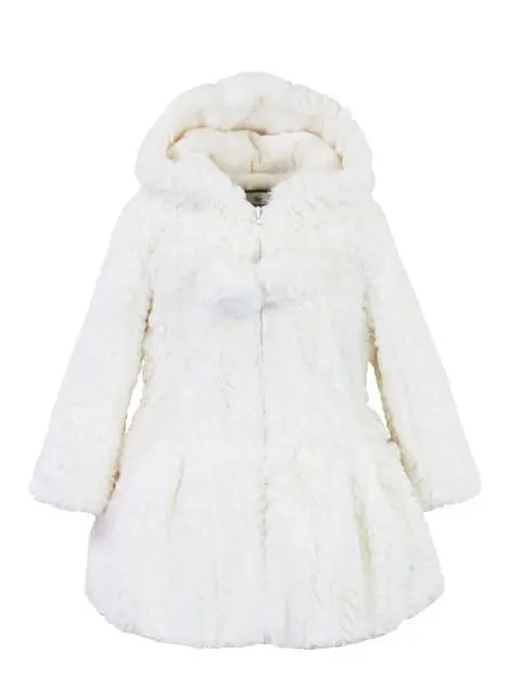 WIDGEON Faux Fur Hooded Coat With Pom Poms - Ivory Tidal Wave