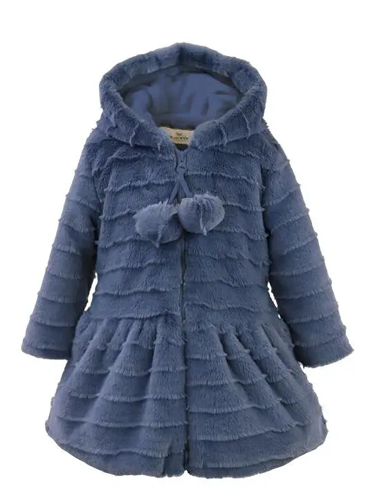 WIDGEON Faux Fur Hooded Coat With Pom Poms - Navy Lash Stripe