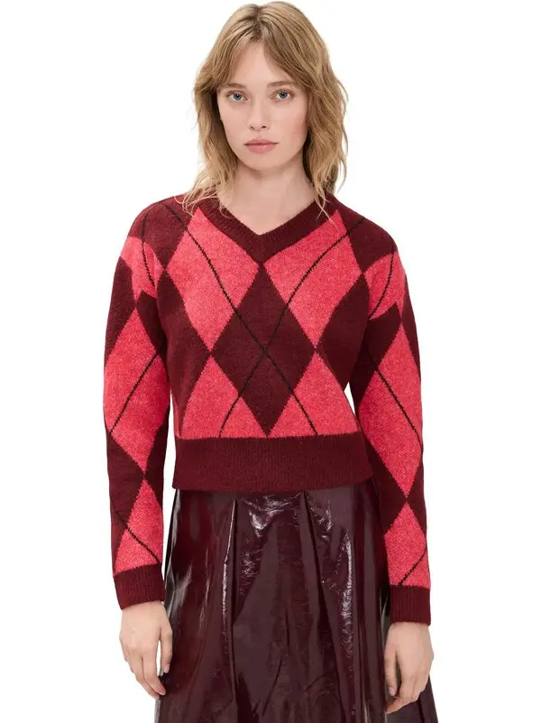 LE BOP Argyle V-neck Pullover Sweater - Burgundy Combo
