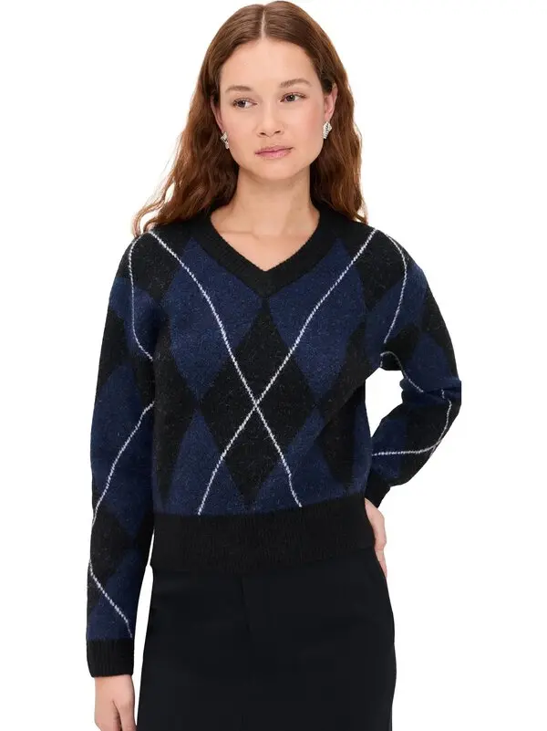 LE BOP Argyle V-neck Pullover Sweater - Navy Combo