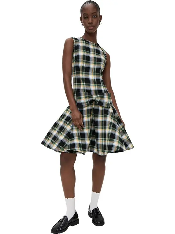 SHUSHU/TONG Asymmetric Neckline Plaid Dress - Green Plaid