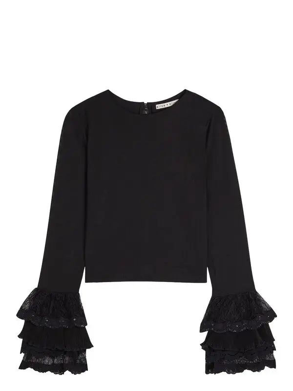 Alice + Olivia Delaina Ruffled Mesh Top - Black