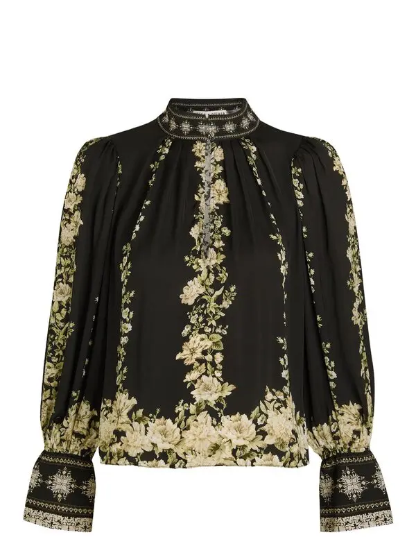 Alice + Olivia Floral-print Satin Blouse - Black