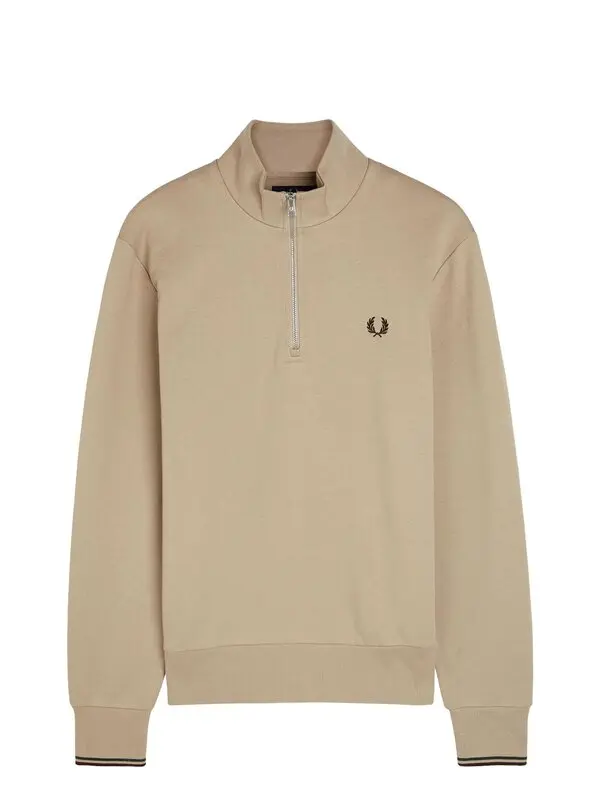 Fred Perry Half-zip Cotton Sweatshirt With Embroidered Logo - Ecru