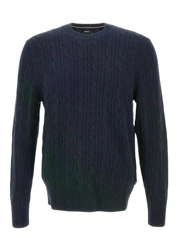 BOSS Cable Knit Crew Neck Sweater - Blue