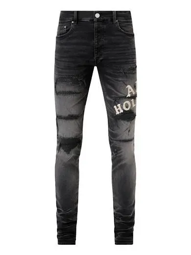 Amiri Hollywood Leather Applique Thrasher Repaired Skinny Jean - Honeycomb Indigo