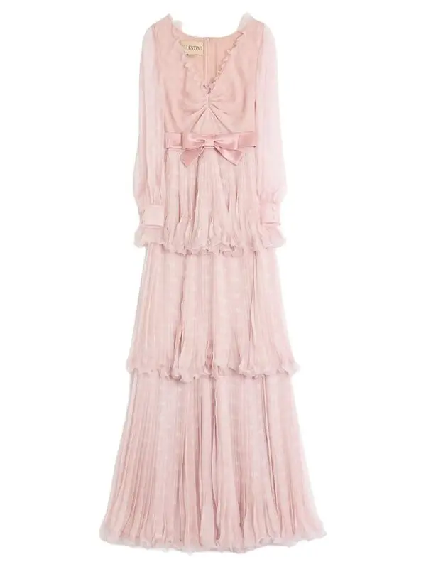 Valentino Garavani Long Dress In Creponne Chiffon With Plus De Pois Print - Rose/ivory