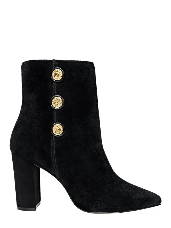 L'Agence Theodora Suede Booties With Block Heel And Lion Head Buttons - Black Suede/gold Lion