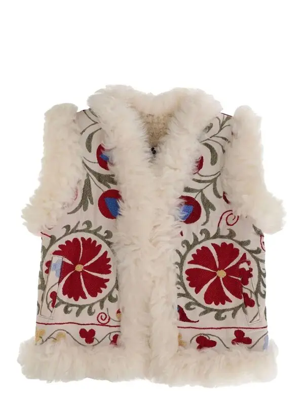 ZAZI Sleeveless Cotton Jacket With Floral Motif And Fur Trims - Multicolor