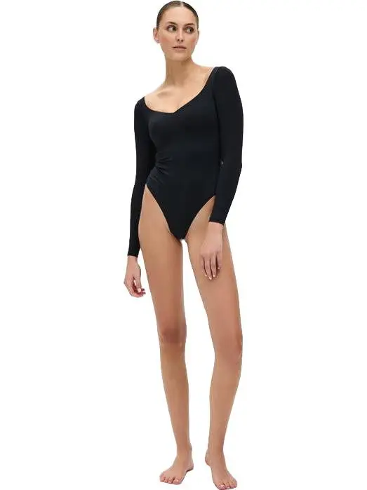 ELASTIQUE ATHLETICS Iconic Compression Long Sleeve Thong Bodysuit - Black