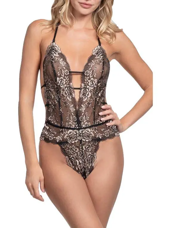 IN BLOOM BY JONQUIL Aviva Embroidered Halter Lace Teddy - Black