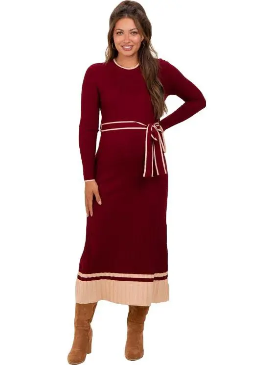 PINKBLUSH Ribbed Midi Sweater Dress With Belt - Burgundy