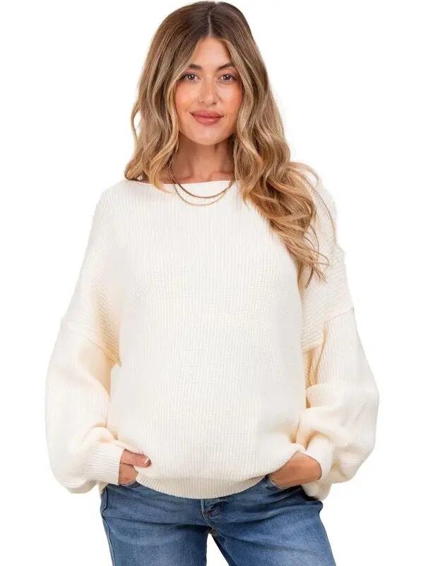 PINKBLUSH Balloon Sleeve Boat Neck Knit Sweater - Cream