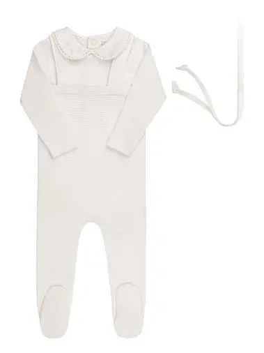 ELY'S & CO. Embroidered Collar Bodysuit, Overalls And Bonnet Set - Ivory Girl