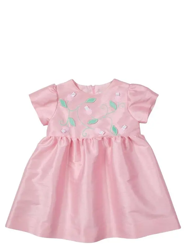 FLORENCE EISEMAN Dupioni Dress With Embroidered Flower Vines - Pink
