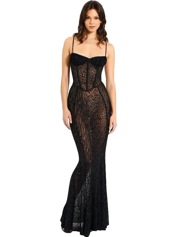 MISS CIRCLE Ulanii Sheer Mesh Burnout Velvet Maxi Dress - Black