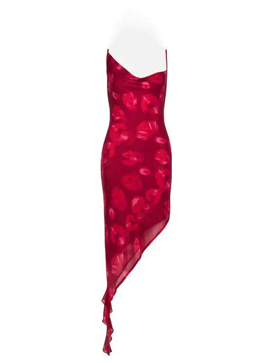 SAEMDI Waterfall Mesh Dress - Lipstick Print