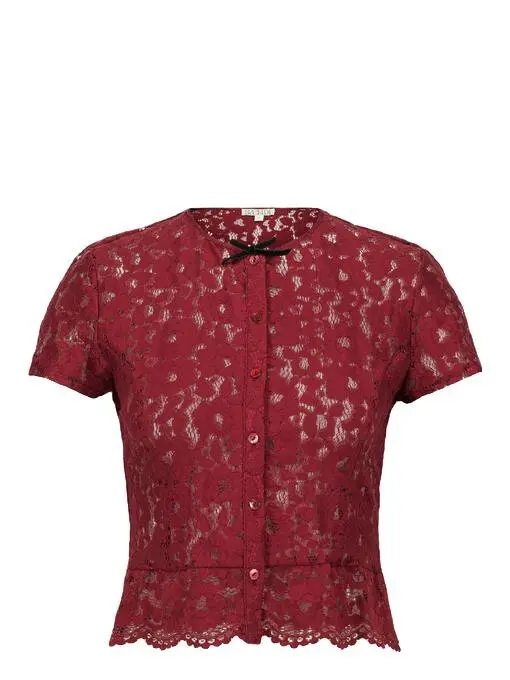 SAEMDI Lace Short Sleeve Top - Burgundy