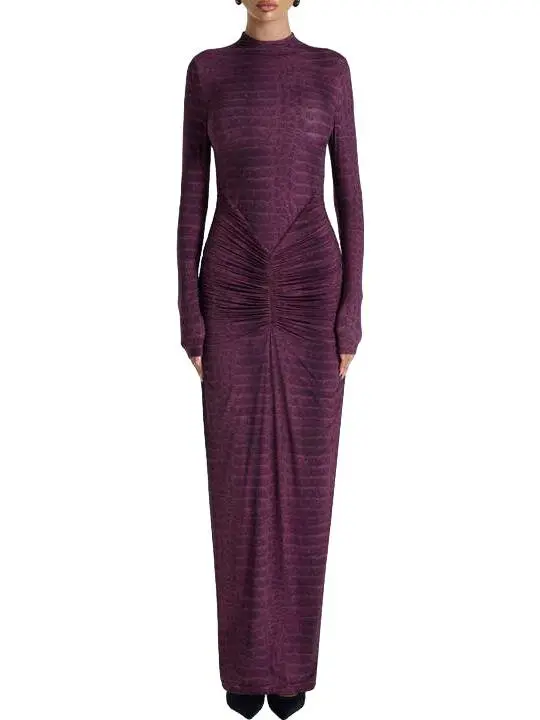 Naked Wardrobe Long-sleeve Snakeskin Print Ruched Dress - Dark Plum Crocodile
