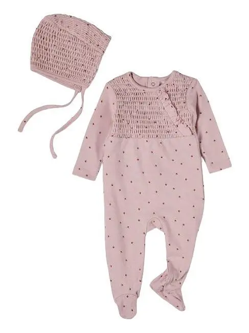 MINIMOI Baby Cotton Smocked Footie Set - Blush Pink