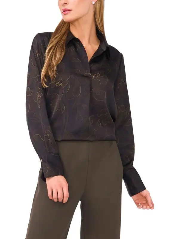 Halogen Floral Collared Charmeuse Popover Top - Rich Black