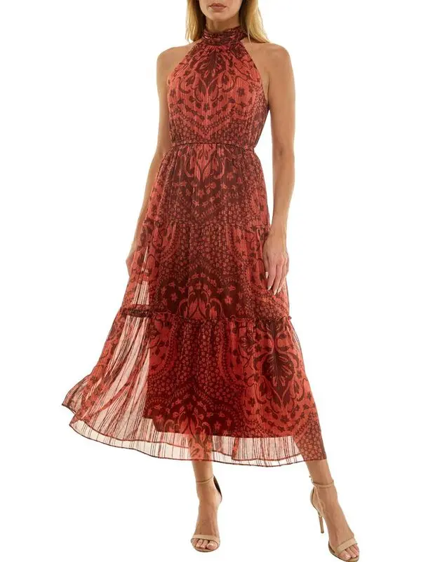 SOCIALITE Printed Mock Neck Chiffon Maxi Dress - Brown/brick