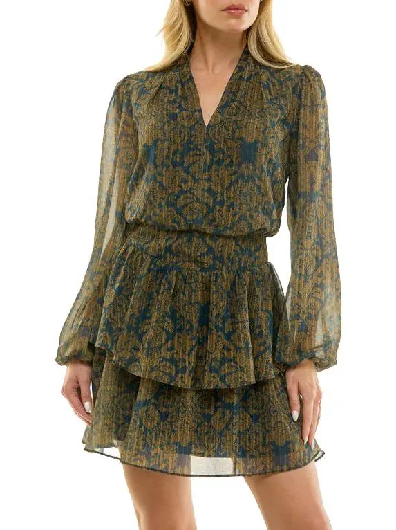 SOCIALITE Printed Long Sleeve Chiffon Minidress - Teal/gold