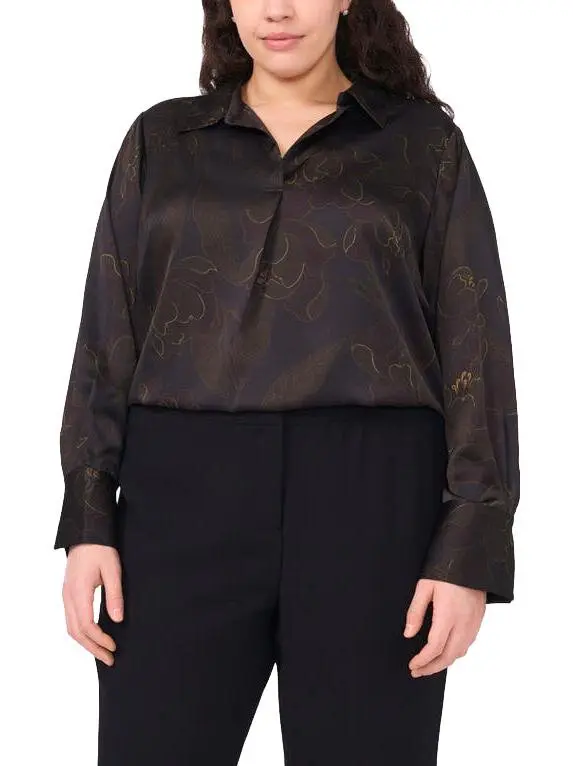 Halogen Metallic Floral Satin Charmeuse Top - Rich Black