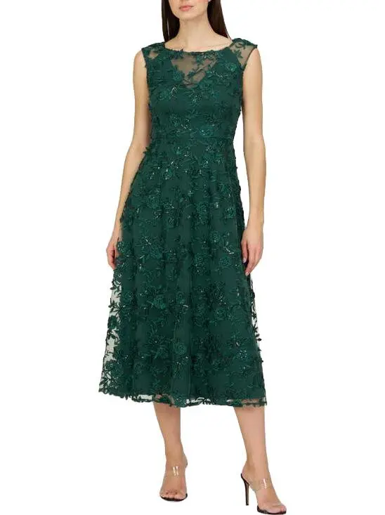 Js Collections Viviana Embroidered Sequin Floral Cocktail Midi Dress - Jewel Green