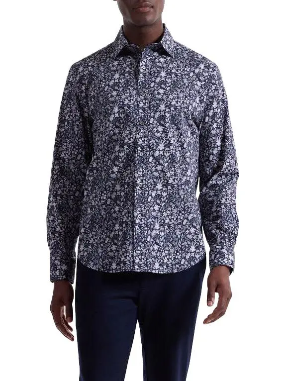 Bugatchi Axel Shaped Fit Floral Stretch Button-up Shirt - Black