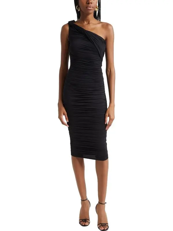 L'Agence Cheryl Shirred One-shoulder Midi Dress - Black