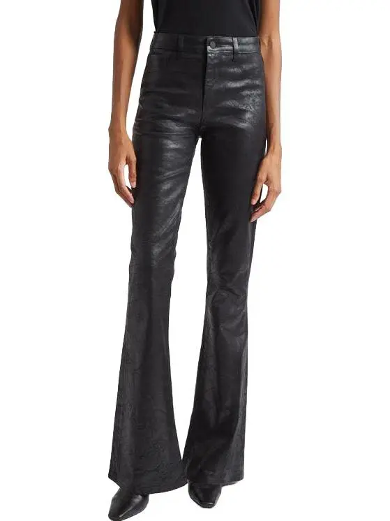 L'Agence Marty Coated Flare Leg Jeans - Black Crackle Coated