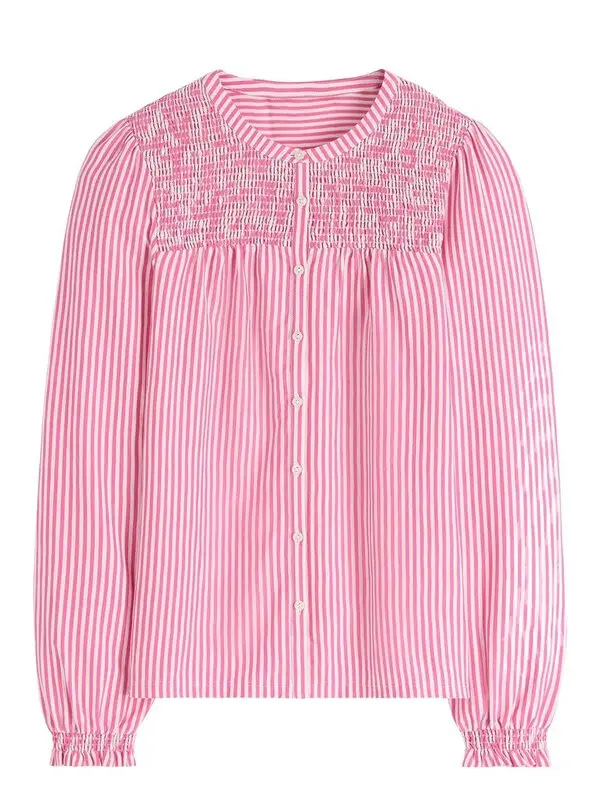 Boden Elsa Smocked Woven Shirt - Pink Ribbon Stripe