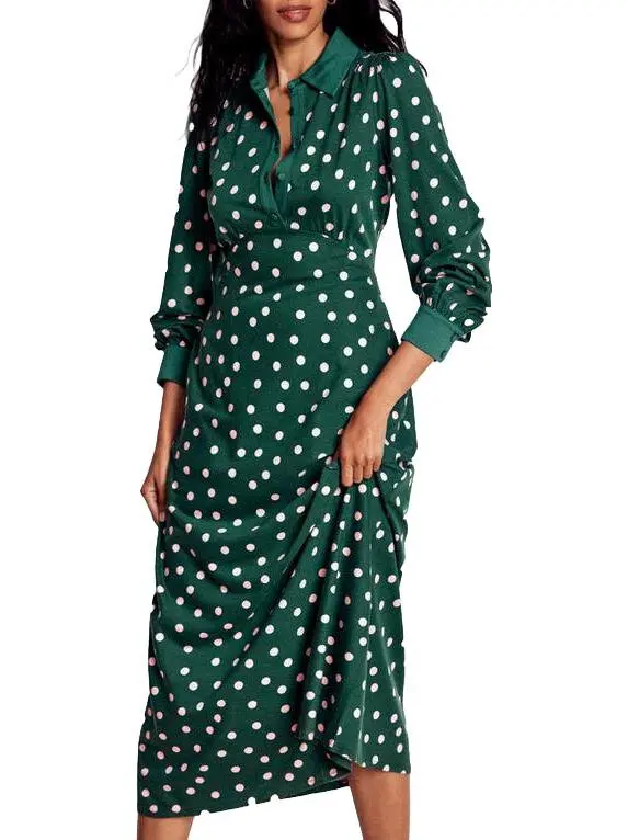 Boden Polka Dot Empire Waist Long Sleeve Dress - Emerald Night Painted Dot