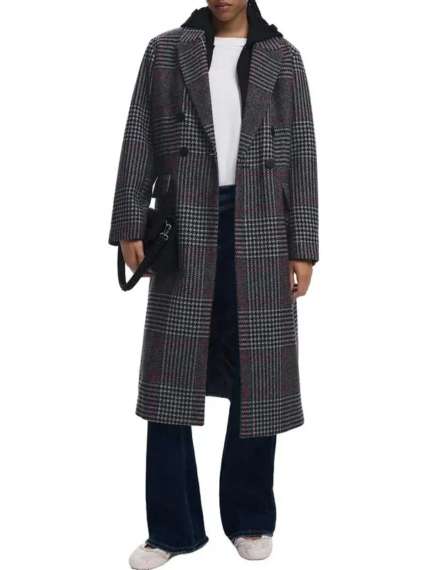 Desigual Tartan Plaid Overcoat With Removable Hoodie Inset - Medium Gray