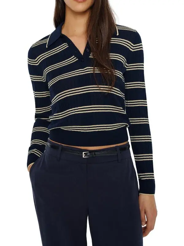 REFORMATION Hermia Stripe Merino Wool Polo Sweater - Parmesan Navy Stripe