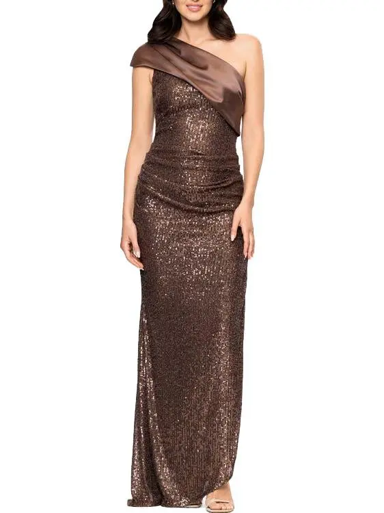 Betsy & Adam Sequin One-shoulder Gown - Mocha