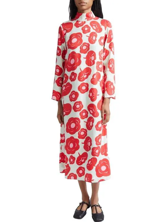 Marimekko Aikakausi Long Sleeve Midi Shift Dress - Light Turquoise Red Pink