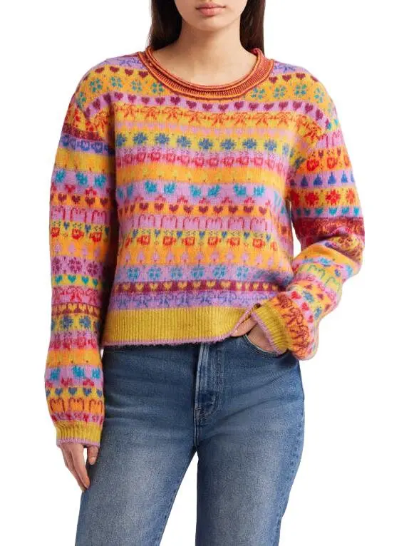 Free People Mixed Print Wool Blend Crewneck Sweater - Bright Confetti Combo