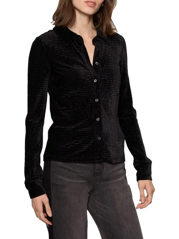 Sanctuary Fitted Textured Stripe Velvet Button-up Shirt - Black