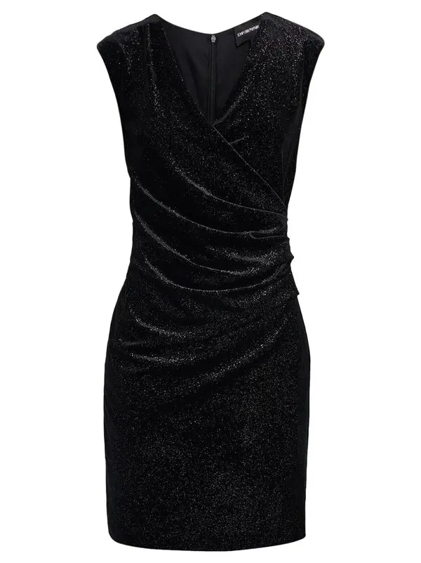 Emporio Armani Sleeveless Sparkle Draped Mini Dress - Solid Blac